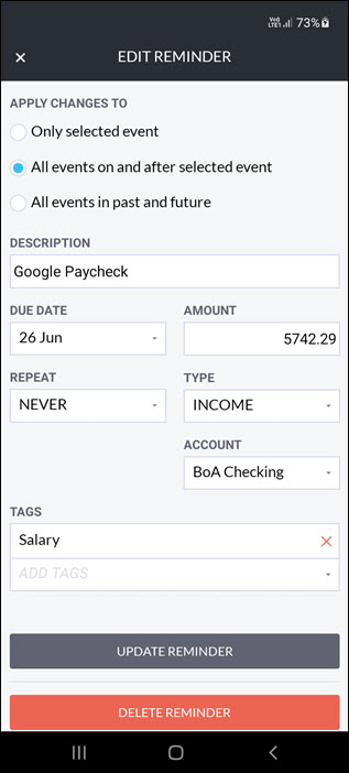 Editing a Reminder - Mobile – Buxfer